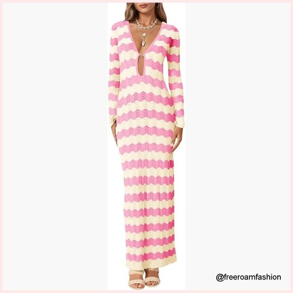 Swim | Crochet Maxi Dress Striped Cut Out V Neck Long Sleeve Cover Up ...